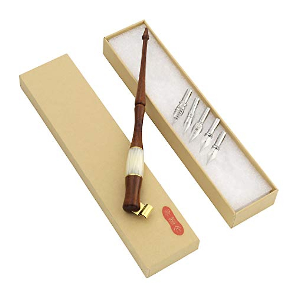 Yoption Wood Calligraphy Oblique Dip Pen Holder Set, Removable Nib Pen Handle Stand with 5 Flat Nibs Kit