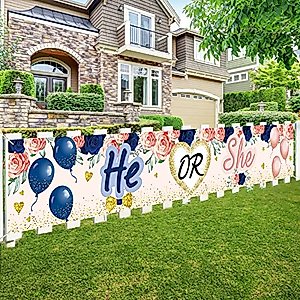 Gender Reveal Decorations He or She Banner Yard Sign, Large Baby Gender Reveal Theme Banner Party Supplies for Boys Girls, Navy Blush Pregnancy Announcement Baby Shower Decor for Outdoor Indoor