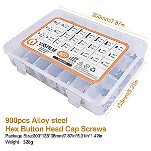 VIGRUE 900PCS M2 M3 M4 Hex Button Head Socket Cap Screws Bolts Nuts Washers Assortment Kit Alloy Steel with Allen Wrench