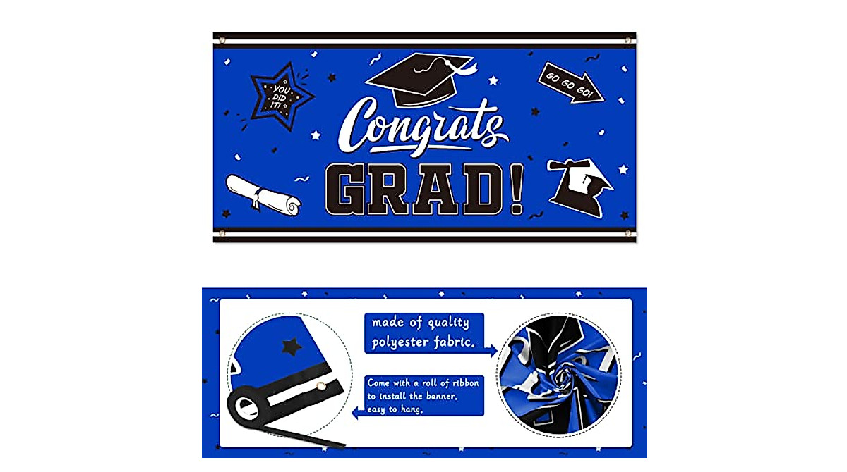 Blue Graduation Backdrop Banner - Congrats Grad Party Decor
