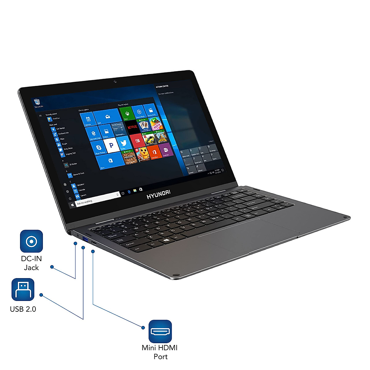 HYUNDAI HY HyFlip 13.3 inch Touch Screen Laptop, Intel Apollo Lake Celeron N3350, 4GB RAM, 64GB eMMC, Windows 10 Home S, MicroSD Slot, 13.3" 1920x1080 FHD Display, WiFi & Bluetooth Space Grey, 5000mAh