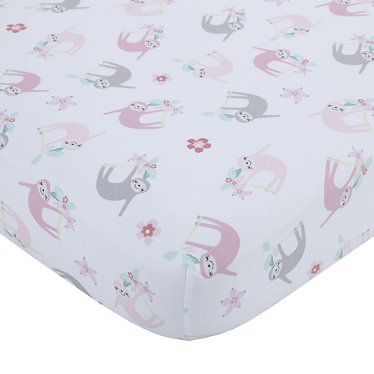 NoJo Little Love Tropical Garden Pink, Grey, and White Sloth Super Soft Fitted Crib Sheet