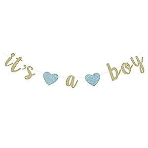 Glitter It's a Boy Banner for Baby Shower Gender Reveal Party Decoration Baby Boy 1st 6 Months Birthday with Blue Heart - Gold