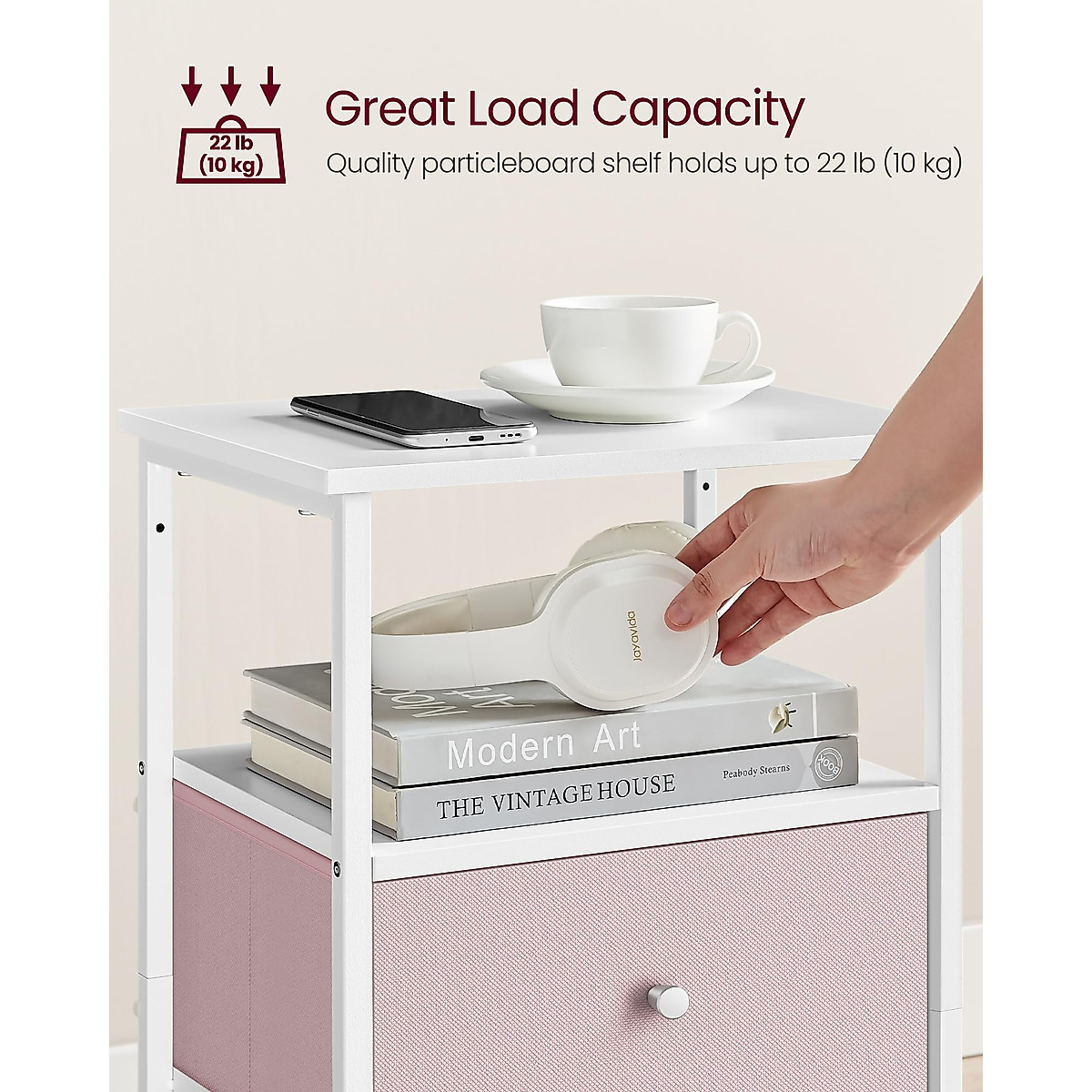 VASAGLE Nightstand, Side Table with 2 Fabric Drawers, 24-Inch Tall End Table with Storage Shelf, Bedroom, Jelly Pink and White ULGS025R05