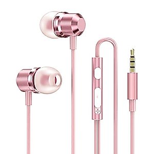D-GROEE Earbuds Earphones, Wired Headphones in Ear, in-Ear Wired Earphone Metal Magnetic Subwoofer Mic Volume Control Gaming Headset Pink