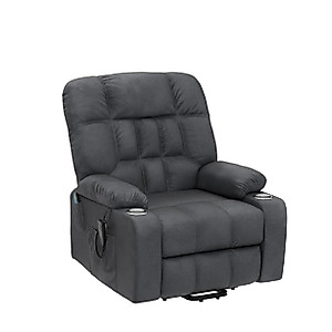 PUG258Y Lift Chair for Big and Tall Person with Inconvenient Legs: 9688 High Density Foam Lift Sofa with Heat and Massage, 2 Pockets, 2 Cup Holder, 2 Remote, OKIN Motor, Fabric - Granite Black