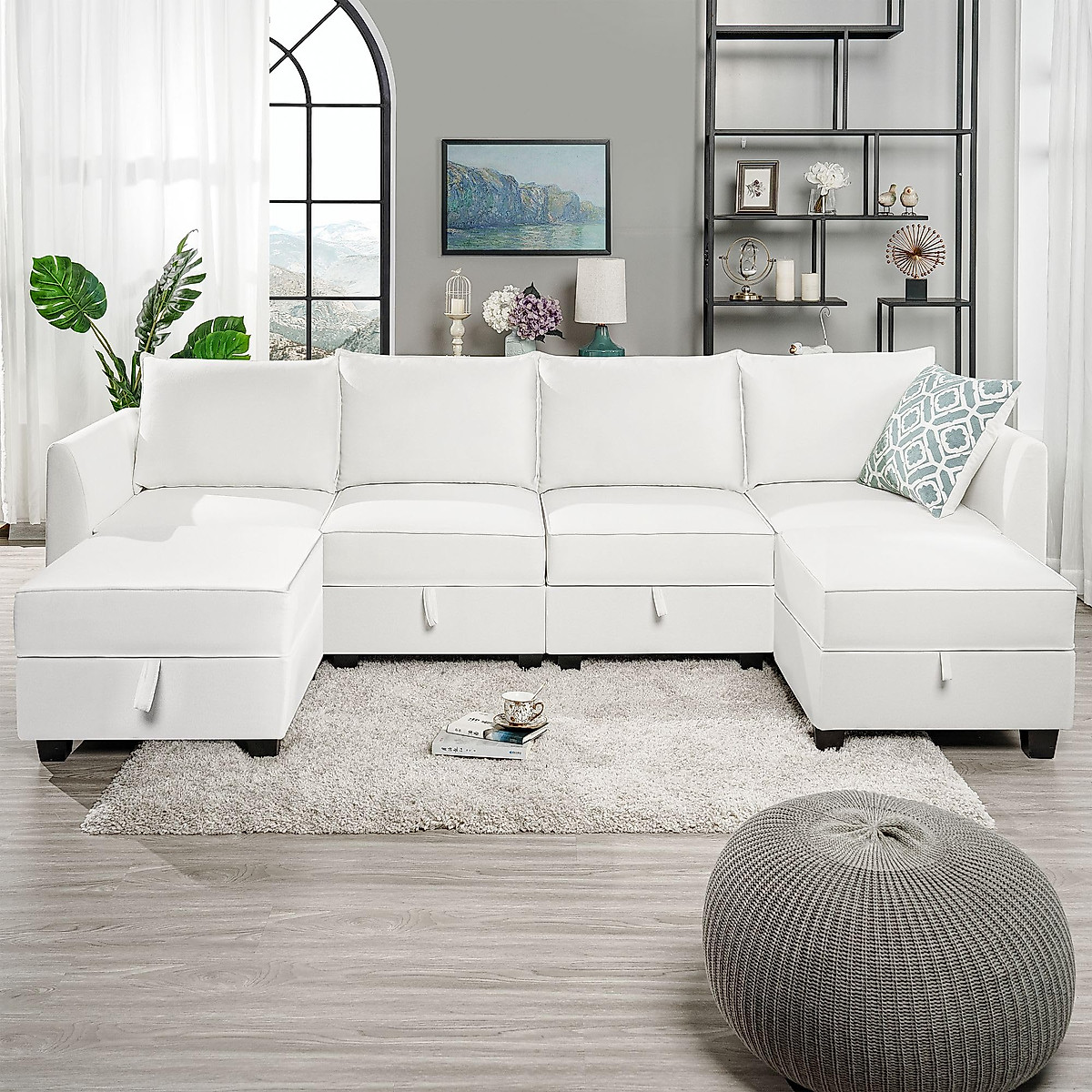 Naomi Home Modular Convertible U-Shaped Sectional Sofa with Reversible Chaise, Oversized Couch, Elizabeth Sectional Sofa with Ottoman - Linen Upholstery, White