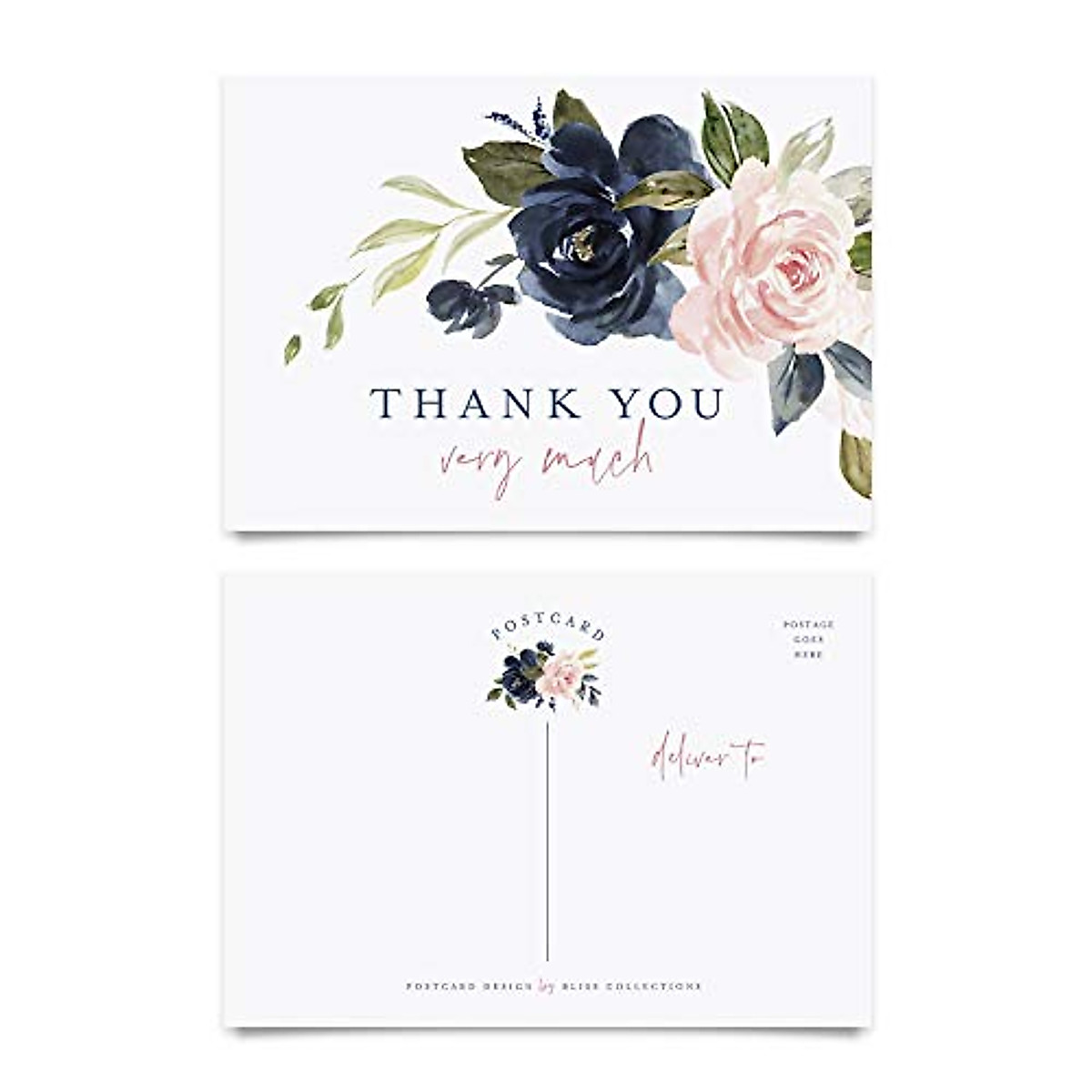 Bliss Collections Thank You Postcards, Navy Floral, Cards for Weddings, Receptions, Baby or Bridal Showers, Birthdays, Graduations, Parties, Celebrations or Special Events, 4"x6" (50 Cards)