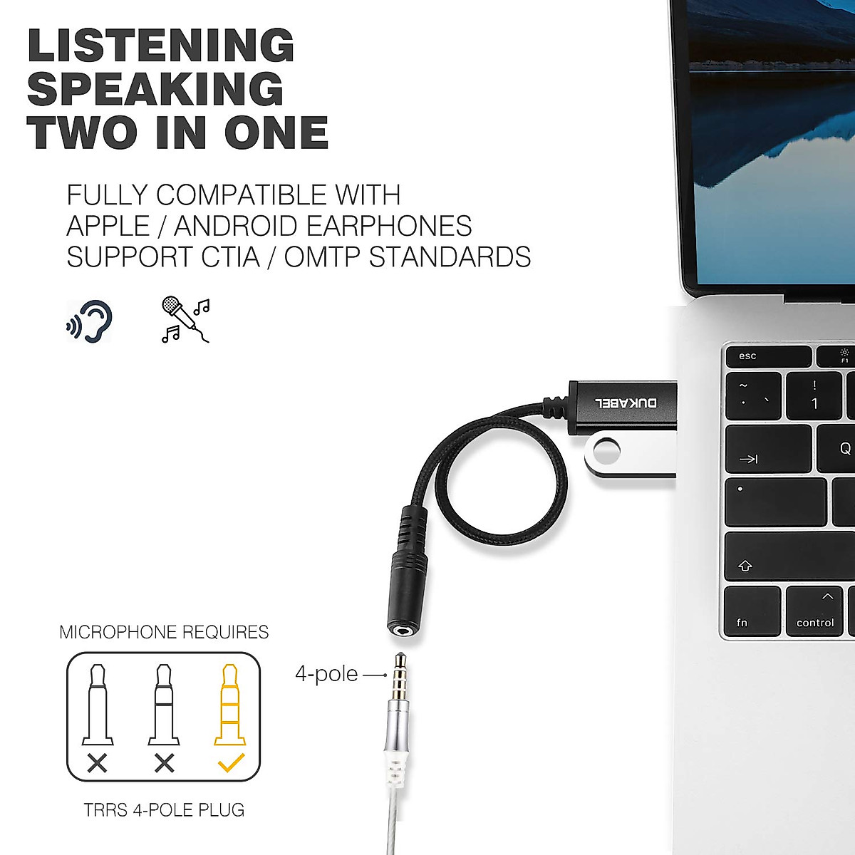 DUKABEL USB to 3.5mm Jack Audio Adapter, USB to Aux Cable with TRRS 4-Pole Mic-Supported USB to Headphone AUX Adapter Built-in Chip External Sound Card for PC PS4 PS5 and More [9.8 inch]