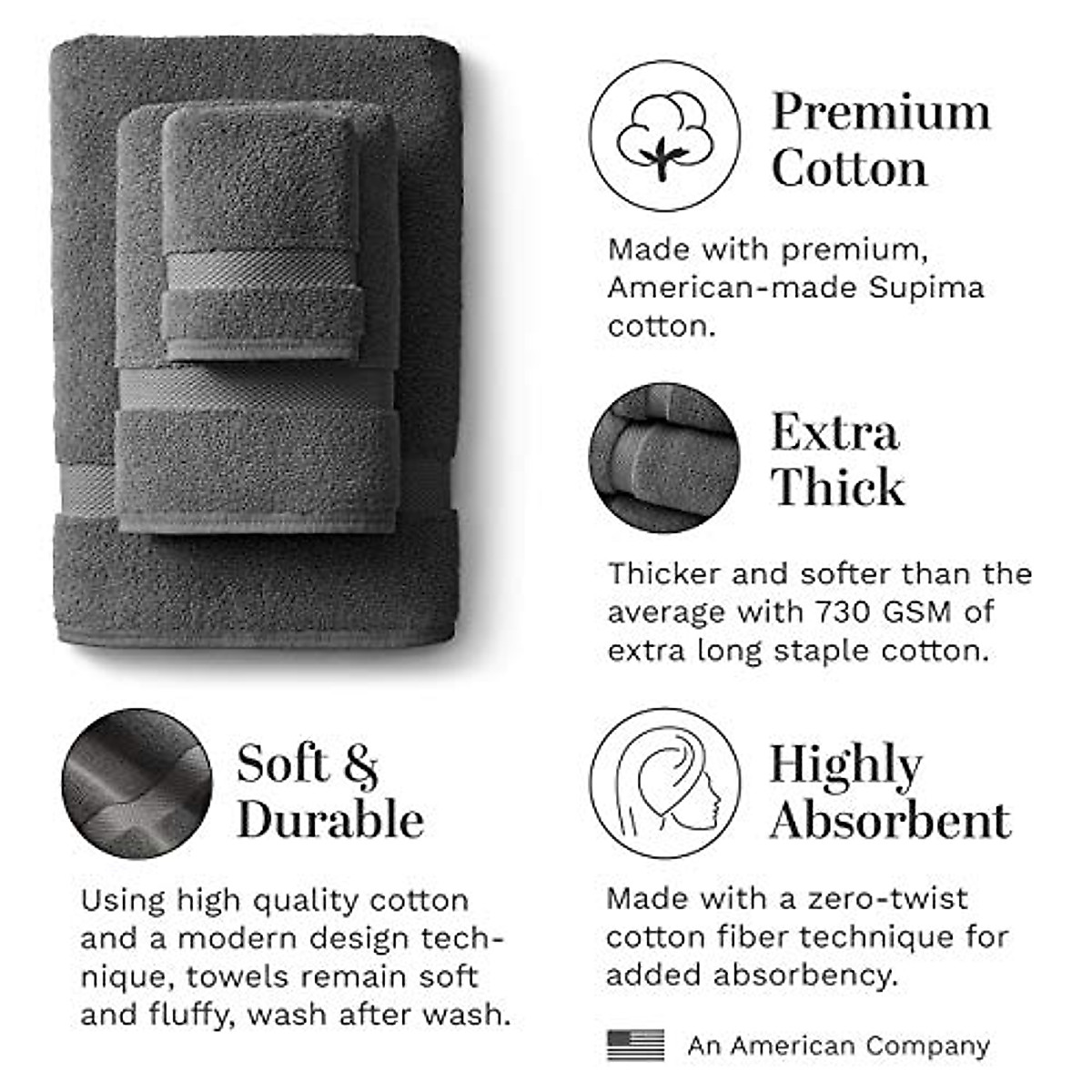 Supima Cotton 3 Piece Bath Towel Set by Laguna Beach Textile Co - Bath Towel, Hand Towel, Washcloth - Hotel Quality, Plush, 730 GSM Pewter Gray