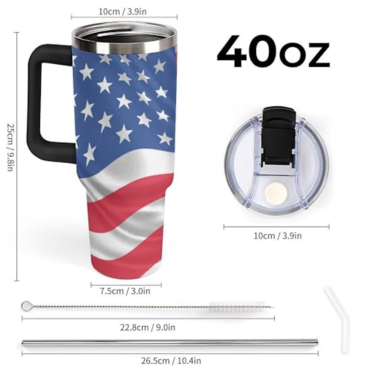 Stainless Steel Cups Red Blue White American Flag, Handle Tumbler Cup with Rubber Ring and Straw, Funny Water Bottle for Women and Men Outdoor Travel