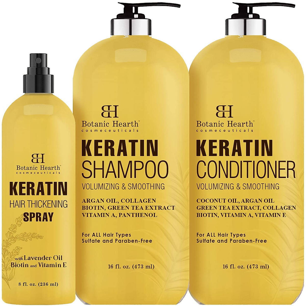 Botanic Hearth Keratin Thickening Spray (8 fl oz) and Keratin Shampoo & Conditioner Set (16 fl oz each) Bundle