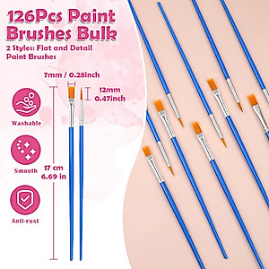 126 Pcs Small Paint Brushes Bulk, Kids Paint Brushes with Flat and Round Pointed Paint Brushes Set, Craft Brushes for Classroom Acrylic Oil Watercolor Canvas Face Painting