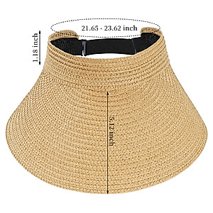 Straw Sun Visors Womens, Ponytail Beach Straw Visor, Packable Summer Sun Hats for Women Travel Khaki