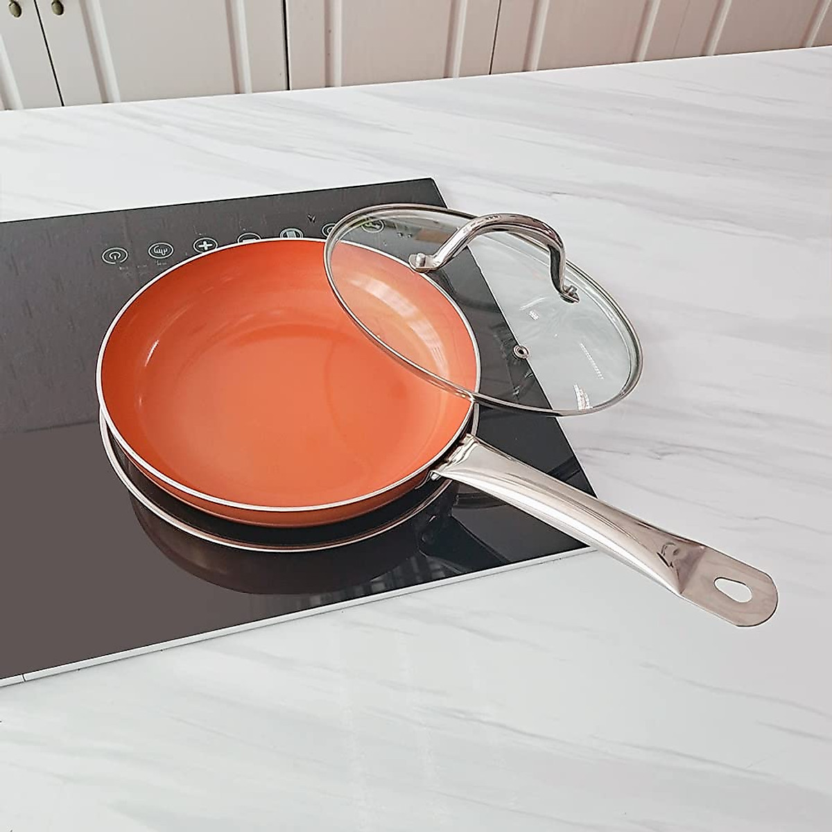 SHINEURI 9.5 inch Copper Fry Pan with Lid, Nonstick Omelet Pans - Perfect for Stir fry, Sauce & Baking, Compatible for Induction, Gas, Electric & Stovetops, Perfect for 2-3 Person Meal