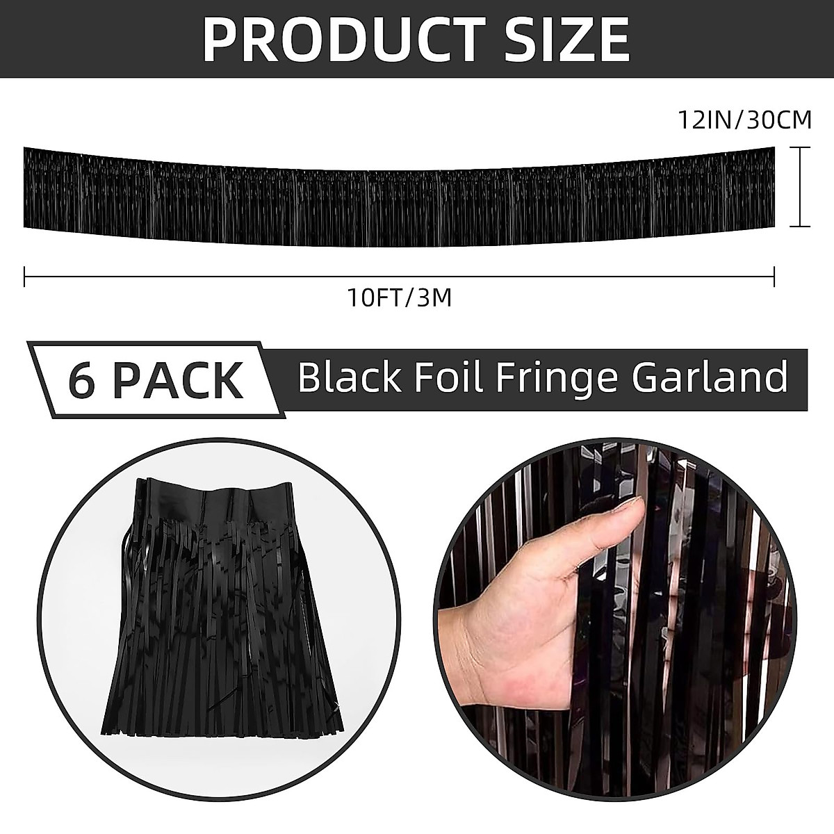 6 Pack 10 Feet Black Foil Fringe Garland Metallic Foil Tinsel Streamers, Wall Hanging Fringe Curtain Backdrop Tinsel Fringe Banner for Parade Floats, Wedding, Birthday, Halloween Party Decorations