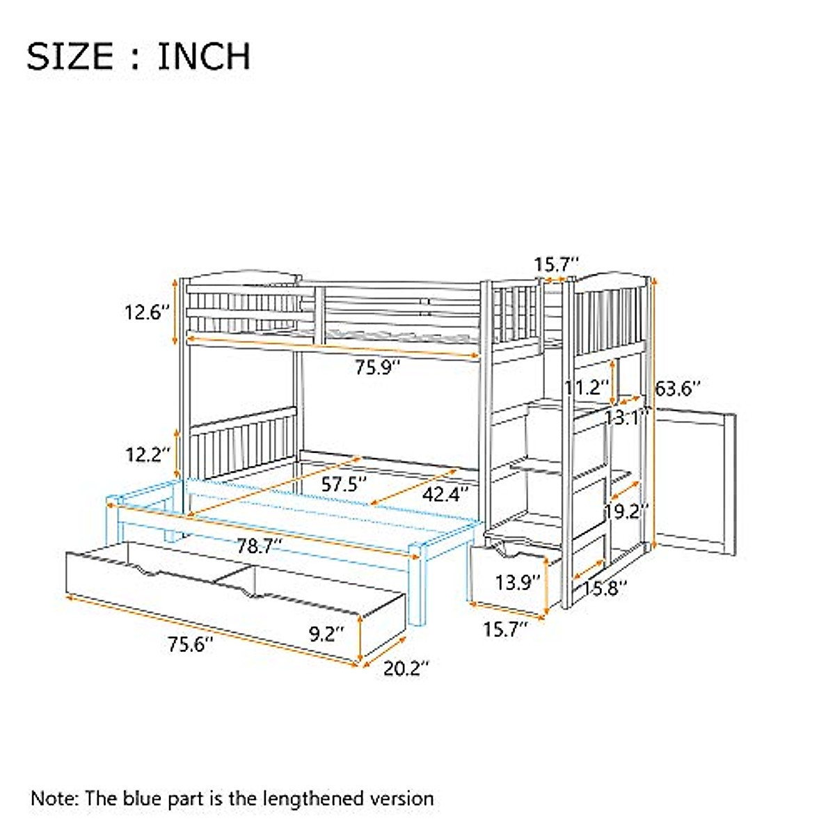 Polibi Twin Over Full/Twin Stairway Bunk Bed, Solid Wood Bunk Bed with Storage Shelves and Two Large Drawers, Convertible Bottom Bed from Twin to Full Size, Grey