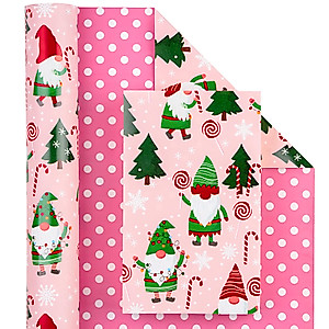WRAPAHOLIC Reversible Christmas Wrapping Paper - Mini Roll - 17 Inch X 33 Feet - Red Green Gnome and Candy Canes, Pink and White Polka Dots Design for Holiday, Party, Celebration