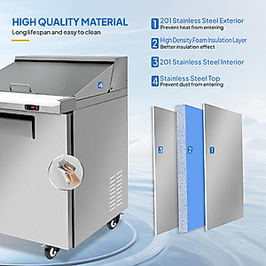 ROVSUN 7.1 Cu.Ft Commercial Refrigerator ETL NSF DOE, Sandwich & Salad Prep Table Refrigerator 27" Stainless Steel w/Cutting Board Food Pans Lockable Wheels for Restaurant, Bar, Shop