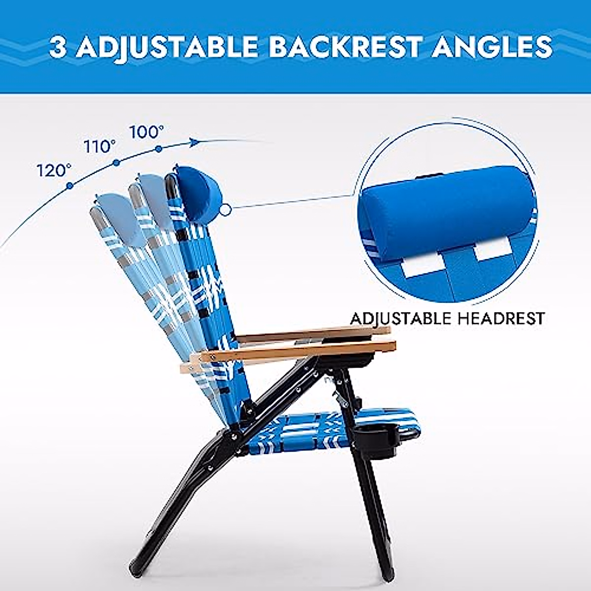 Dowinx Beach Chair with Cooler Bag, Folding Caming Chair with Backpack Straps, High Back 3 Position-Reclining Outdoor Chair Aluminum Frame(Blue)