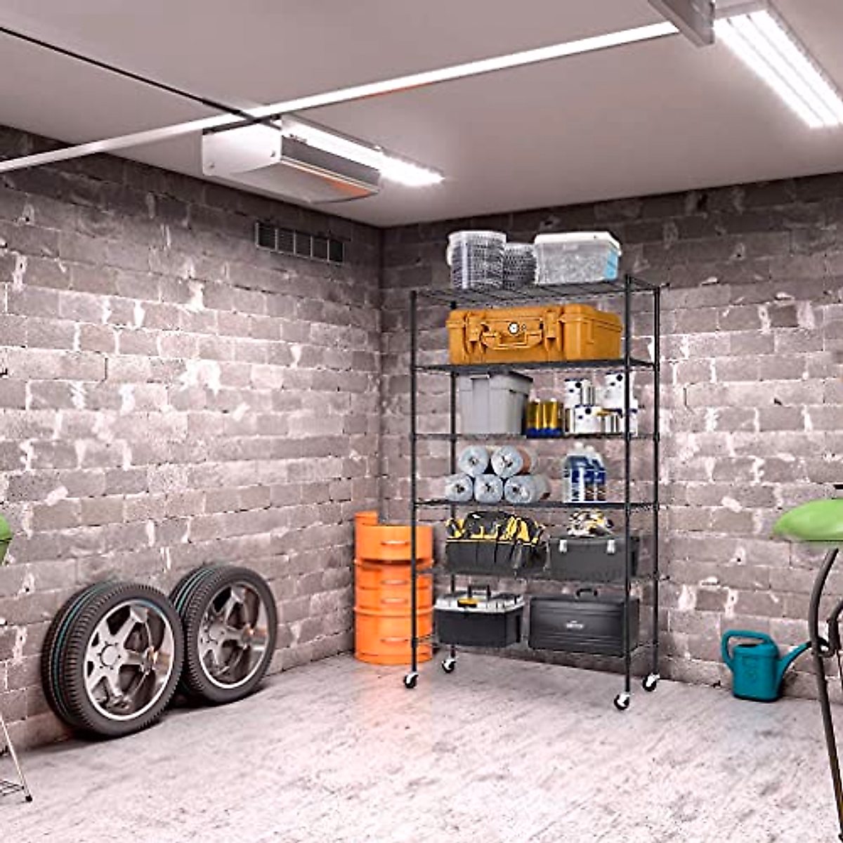 FDW 48"L×18"W×82"H Wire Shelving Unit Storage Cart Metal Shelf Rolling Utility Cart 2100Lbs Capacity with 6 Tier Casters Adjustable Layer Rack Strong Steel for Restaurant Garage Pantry Kitchen,Black