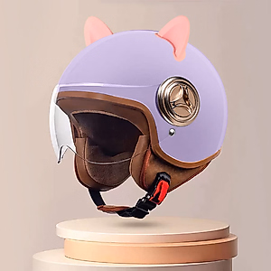 Adult Cat Ear Vintage Open Face Helmet,Retro Style Electric Motorcycle Half Helmet with Sun Visor,Mens Kids Womens Summer Cute Scooter Vespa Electric Motorcycles Helmets,DOT Approved