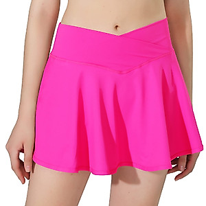 MCEDAR Pleated Crossover Tennis Skirt for Women with Pockets V High Waisted Crossbody Flowy Skirt Athletic Golf Skort 041jxy-Hot Pink/Cm