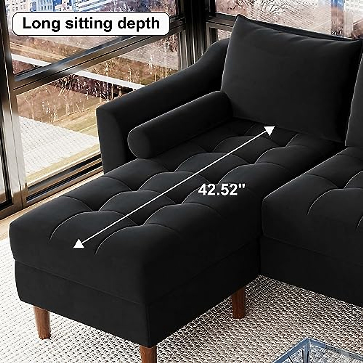 Belffin Black Velvet L Shaped Sectional Couch Small Convertible Couch Sectional Sofa 3-Seater Sofa Sectional with Reversible Chaise Ottoman for Apartment and Small Space