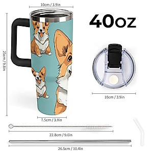 LPSADGF Corgi Cute Dog Insulated Stainless Steel Travel Mug, 40 Oz Tumbler with Handle And Straw Double-Wall Vacuum Coffee Cup, Leak-Proof Lid, Keeps Drinks Hot/Cold for Hours
