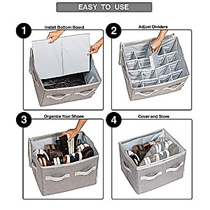 Moteph Shoe Organizer Closet Storage Solution with Clear Cover & Adjustable Dividers for Shoes, Handbags, Blankets, Linen, Clothing (Grey, Medium - 16 Pairs)