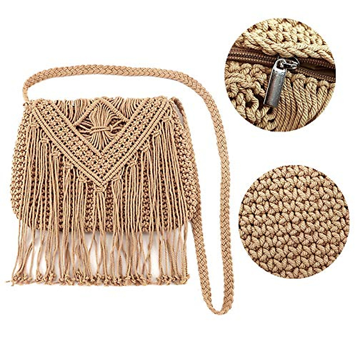 Meyaus Women Small Fringed Cotton Crochet Cross-body Bag Bohemian Shoulder Bag Purse