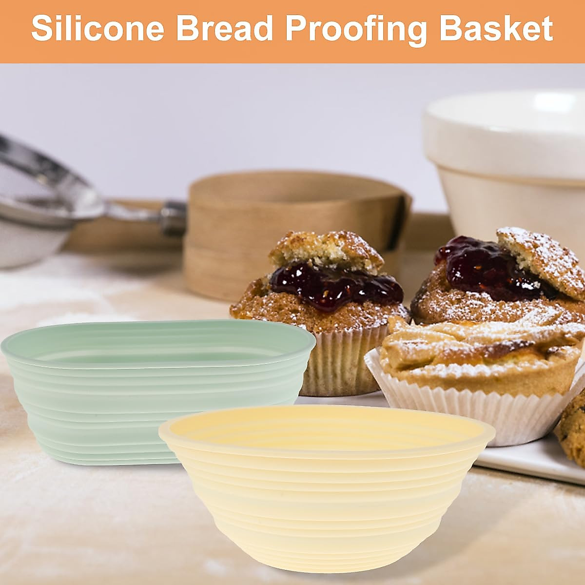 esidianzi 2Pcs Bread Proofing Basket Silicone Oval Dough Proofing Bowl Foldable Round Bread Dough Fermentation Container Reusable Heat Resistance Dough Proofing Trays for Home Kitchen(as Shown)