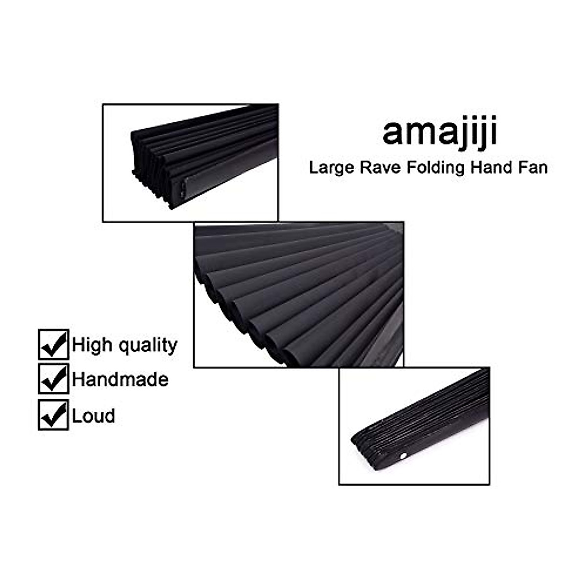 Amajiji Large Folding Hand Rave Fan for Women/Men, Chinease/Japanese Bamboo and Nylon-Cloth Folding Hand Fan for Performance, Festival, Events, Gift, Craft, Dance, Decorations (Black)