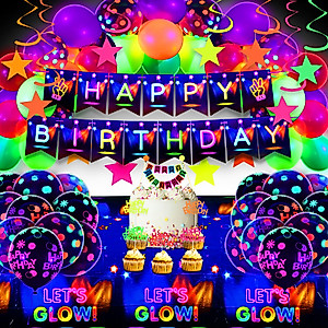 Zhanmai Glow Neon Party Supplies Glow in the Dark Birthday Party Decorations Include Fluorescent Balloons Neon Banner Tablecloth Blacklight Reactive Hanging Stars Cake Toppers for Neon Party