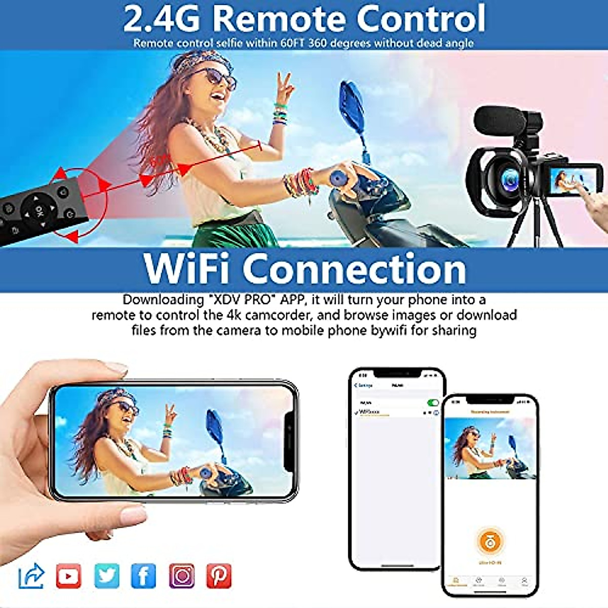 Video Camera Camcorder 4K 60FPS HD 48MP 18X Digital Camcorder 3.0'' HD Touch Screen Vlogging Camera for YouTube IR Night Vision Camcorder with Stabilizer, Remote Control, External Microphone