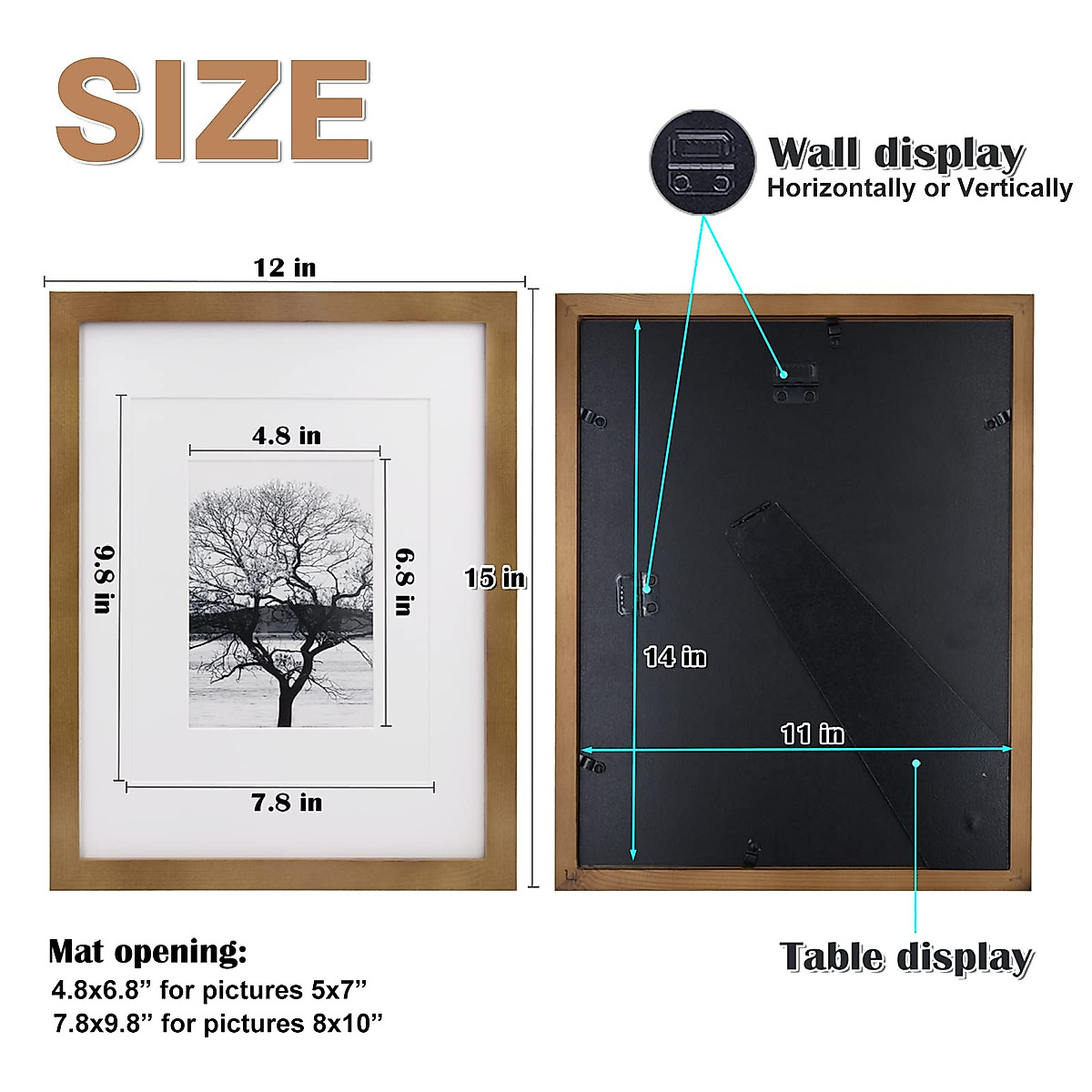 Egofine 11x14 Picture Frame Display Pictures 5x7/8x10 with Mat or 11x14 Without Mat Made of Solid Wood Covered by Plexiglass for Table Top Display and Wall Mounting Photo Frame, Light Brown