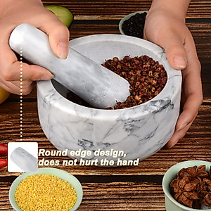 Mortar and Pestle Set Polished Natural Marble Stone Guacamole Molcajete Bowl with Base Silicone Pad,Matching Stainless Spoon and Matching Small Brush (Large, White Gray)