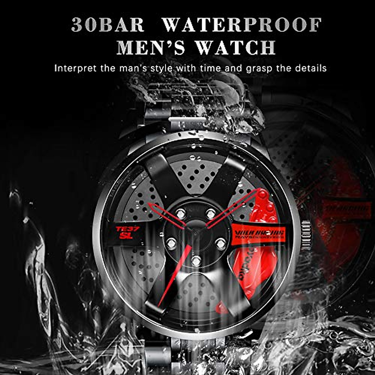 BOYADKA Car Wheel Watch, Stainless Steel Watch with Japanese Quartz Movement, Waterproof Sports Wrist Watch with Car Rim Hub Design for Men/Car Enthusiast (Red)