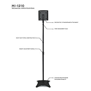 Mount-It! Speaker Floor Stands | Height Adjustable with Cable Management for Satellite, Small Bookshelf & Bluetooth Speakers up to 10 Lbs | Fits Vizio, Polk, Bose, JBL, Sony & Samsung | 1 Pair, Black