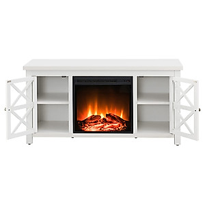 Henn&Hart Rectangular TV Stand with Log Fireplace for TV's up to 55" in White, Electric Fireplace TV Stands for the Living Room