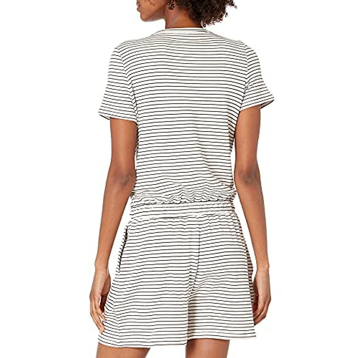 Amazon Essentials Women's Supersoft Terry Short-Sleeve V-Neck Romper (Previously Daily Ritual), Black White Thin Stripe, Large