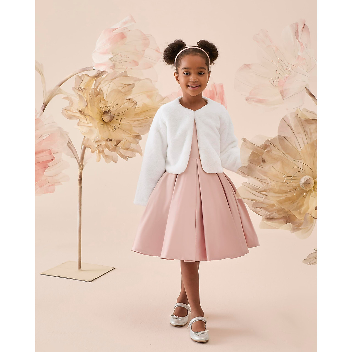 Lilax Girls Cozy Faux Fur Bolero Shrug Long Sleeve Crew Neck Dress Coat 5T White