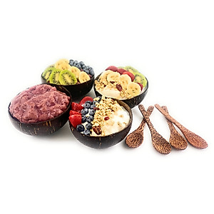 RobinsonTaylor Products 4 Organic Coconut Bowls with Spoons: Set of 4-100% Natural, Vegan, Organic, Eco-Friendly and Plant Polished Coconut Bowls with Wooden Spoons
