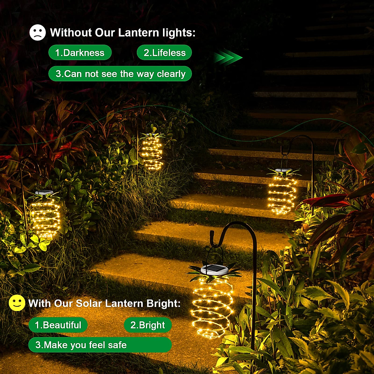 JSOT 2 Pack Solar Lanterns Outdoor Waterproof, 60LEDs Hanging Pineapple Decorative Lights for Backyard, Porch, Patio, Table, Yard, Balcony, Plants, Teepee, Lawn, Pathway, Warm Light.