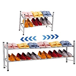 NiHome 2-Tier Expandable Shoe Rack - Lightweight, Stackable and Space-Saving Metal Organizer for 6-10 Pairs of Shoes - Ideal for Closet, Hallway, Entryway, Living Room, Bedroom (Silver)