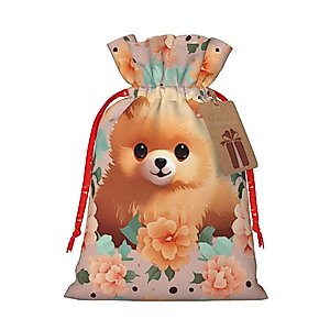 BTCOWZRV Pomeranians Cartoon Flowers Christmas Gift Bag with Drawstring Christmas Wrapping Bags Xmas Gift Bags Sack Bags Xmas Package Storage Bag Wrapping Sacks Pouches Xmas Party Holiday Gift Bags