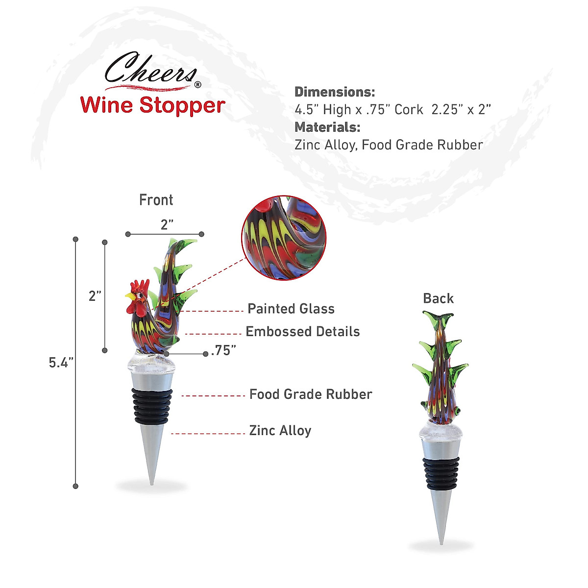 Cheers Rooster Glass Wine Stopper - Elegant Vacuum Seal Reusable Chicken Animal Farm Life Wine Bottle Stopper Airtight Leak Proof Bottle Topper Cork Plug, Cute Home Decor & Bar Tool Accessory Gift