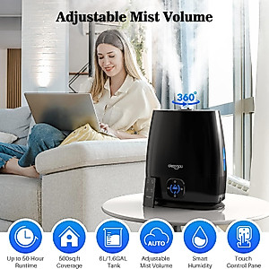 Okaysou Humidifiers, 6L Smart Humidifier and Diffuser for Bedroom Large Room W/Remote Control, Filterless, 50 Hour Top Fill Cool Mist Humidifiers with Humidistat for Babies, Plant, Sleep Mode, Timer