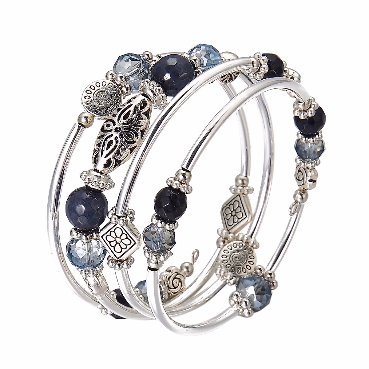 FULU AUTUMN Stackable Beaded Bracelets for Women Boho Wrap Silver Bracelet Layered Fashion Jewelry Gifts for Her(Blue)