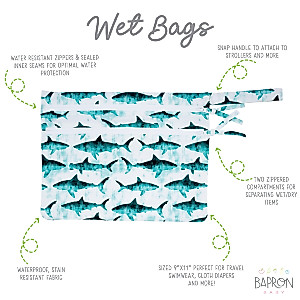 BapronBaby Shark Attack Wet Dry Bag - Waterproof Two Zipper Pockets - Reusable for Mealtime, Diapers, Stroller, Snacks, Swimsuits - Machine Washable - 11" x 9"
